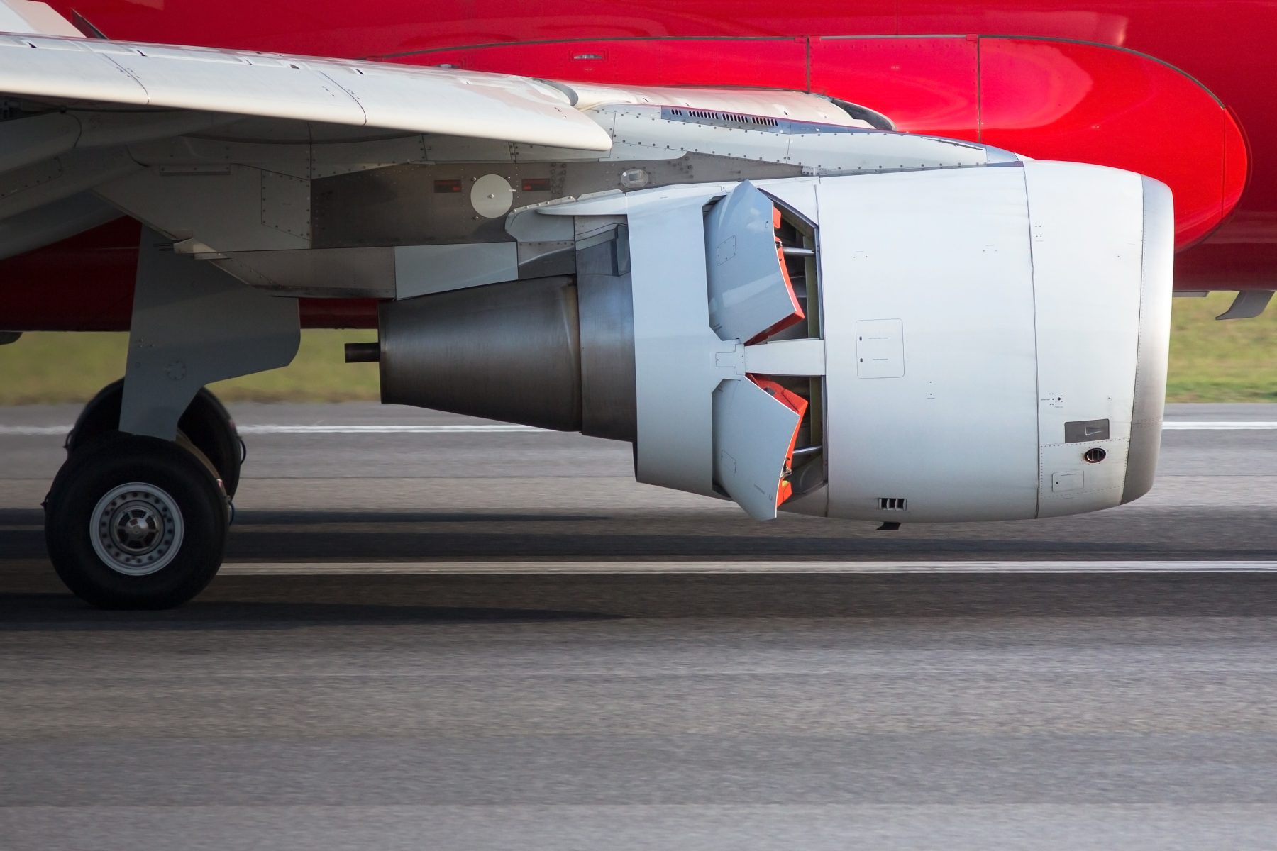 airplane engine in reverse close-up /backward thrust of the aircraft ...